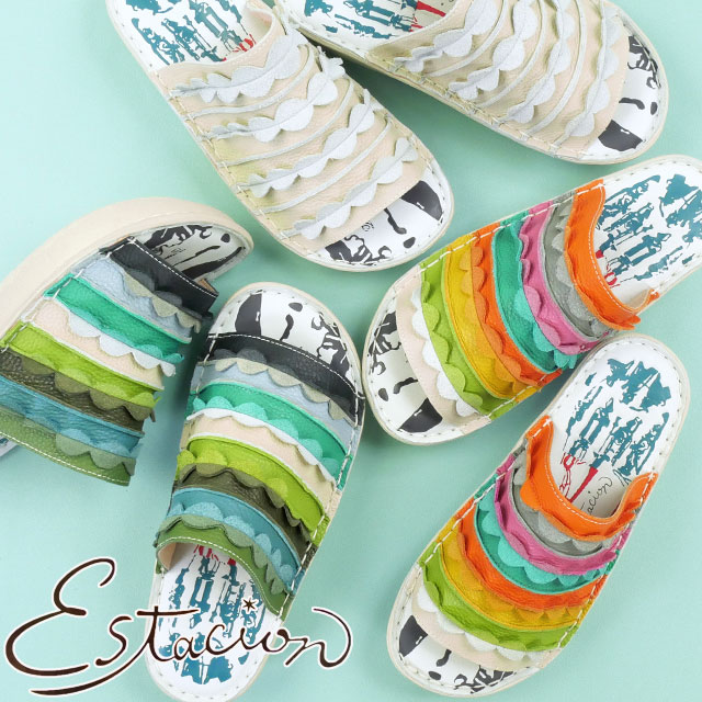 送料無料 コンフォートサンダル サンダル ミュール レディース SS 春夏 新作 夏新作 秋新作 人気 流行 定番 2025 エスタシオン Estacion TH183 厚底 疲れない 履きやすい 本革 靴 フリル スカラップ アイボリー/マルチ ネイビー/マルチ