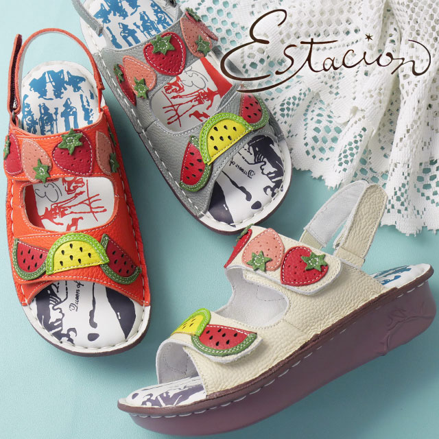 送料無料 コンフォートサンダル サンダル ストラップサンダル レディース SS 春夏 新作 夏新作 秋新作 人気 流行 定番 2025 エスタシオン Estacion TH180 厚底 疲れない スイカ いちご フルーツモチーフ 履きやすい 本革 靴 ベルクロ
