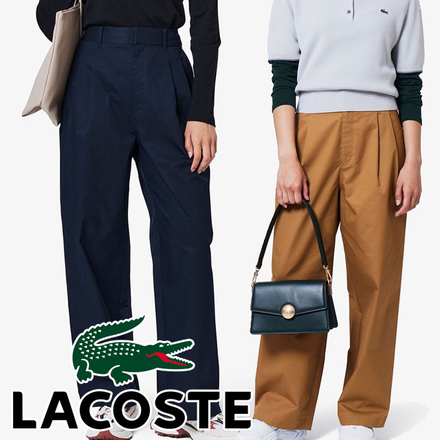 送料無料 長ズボン レディース AW 秋冬 新作 秋新作 冬新作 人気 流行 定番 2025 ラコステ LACOSTE HF009J 166 DPC ボトムス ダブルタックワイドスラックス ワイドパンツ アパレル カジュアル ウェア チノパン わに ネイビー ベージュ 鰐 服