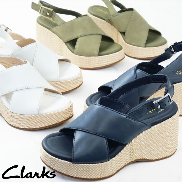 送料無料 サンダル レディース SS 春夏 新作 夏新作 秋新作 人気 流行 定番 2025 クラークス Clarks 8.5cm 26176300 26176301 26176302 892G 厚底 ウエッジサンダル 歩きやすい ボリュームソール 本革 靴 クロスベルト ヒール ネイビー ホワイト オリーブ マノン ウィッシュ