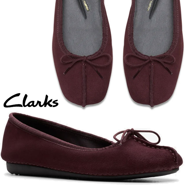 送料無料 パンプス フラットシューズ レディース AW 秋冬 新作 秋新作 冬新作 人気 流行 定番 2025 クラークス Clarks 26183039 バレエシューズ フレックルアイス リボン付き 歩きやすい 疲れない 本革 靴 痛くない スクエアトゥ メルロースエード