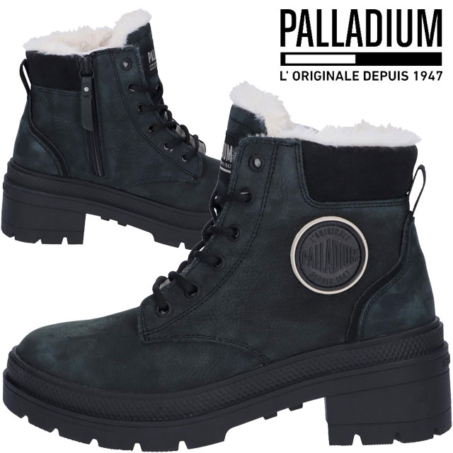 送料無料 ショートブーツ レースアップブーツ レディース AW 秋冬 新作 秋新作 冬新作 人気 流行 定番 2025 パラディウム PALLADIUM NBK WL 99527 008 パラライズ ボア付き チャンキーヒール サイドファスナー付き 編み上げブーツ ブラック 黒 靴