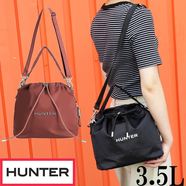 メール便送料無料 ショルダーバッグ レディース AW 秋冬 新作 秋新作 冬新作 人気 流行 定番 2025 ハンター HUNTER UBX5519NYL 2WAY プレミアム ナイロン バケット 鞄 巾着 カバン お出かけ デイリーユース タウンユース ロゴ 耐水 流行り 黒 赤