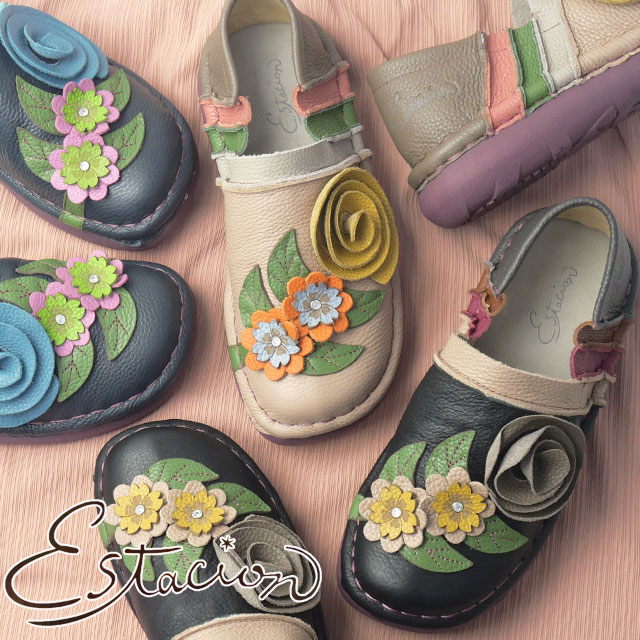 送料無料 スリッポン レディース AW 秋冬 新作 秋新作 冬新作 人気 流行 定番 2025 エスタシオン Estacion TGXE650 dive コンフォートシューズ 疲れない 本革 靴 歩きやすい ミセス フラワーモチーフ ブラック ネイビー アイボリー