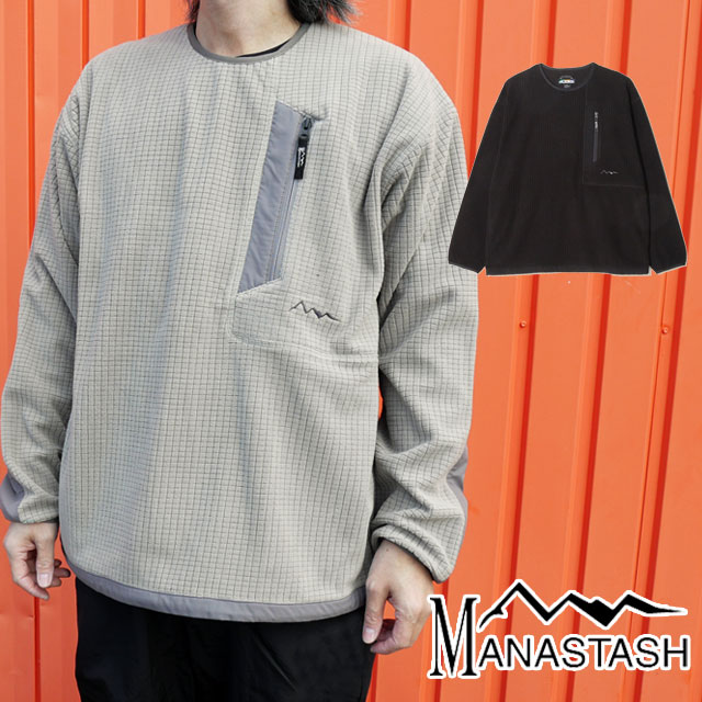 送料無料 長袖 メンズ AW 秋冬 新作 秋新作 冬新作 人気 流行 定番 2026 マナスタッシュ MANASTASH 792-5230001 010 020 トップス グリッド フリース クルー プルオーバー 防寒 アウトドア アパレル 保温 丸首 リラックスフィット ウェア ブラック 黒 グレー 服