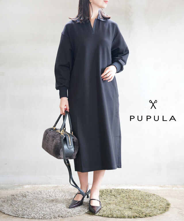 ププラ デュアルウォームポンチ×ローン シャツ襟ワンピース PUPULA 359058 国内正規品 2025秋冬新作 送料無料