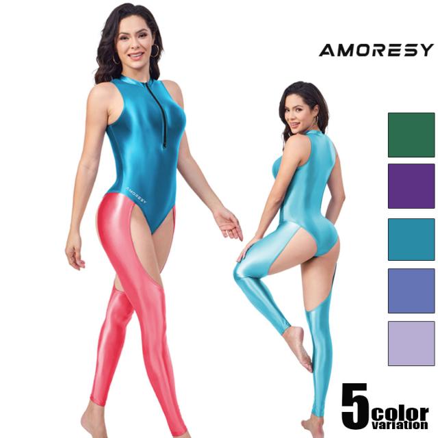 AMORESY/アモレシー コスチューム Freya Series Front-Zip Cutout Catsuit レディース ハーフバックストレッチ生地   光沢 コスプレ コスチューム レオタード レギンス