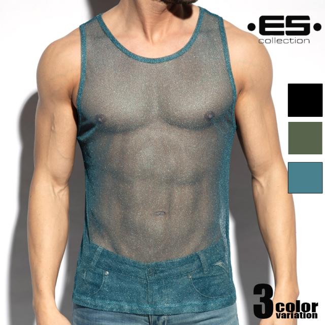 EScollection/イーエス・コレクションMALDIVES TANK TOP 光沢メッシュ タンクトップ　袖なし　ノースリーブ　スリーブレス　メンズ　ファッション　トップス 透け 微細メッシュ メタリック