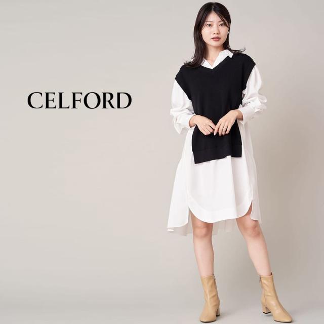 SALE50%OFF CELFORD ベストドッキングシャツワンピース cwno241111 レディース ひざ丈 ミニ丈 シンプル ドロップショルダー デート デイリー