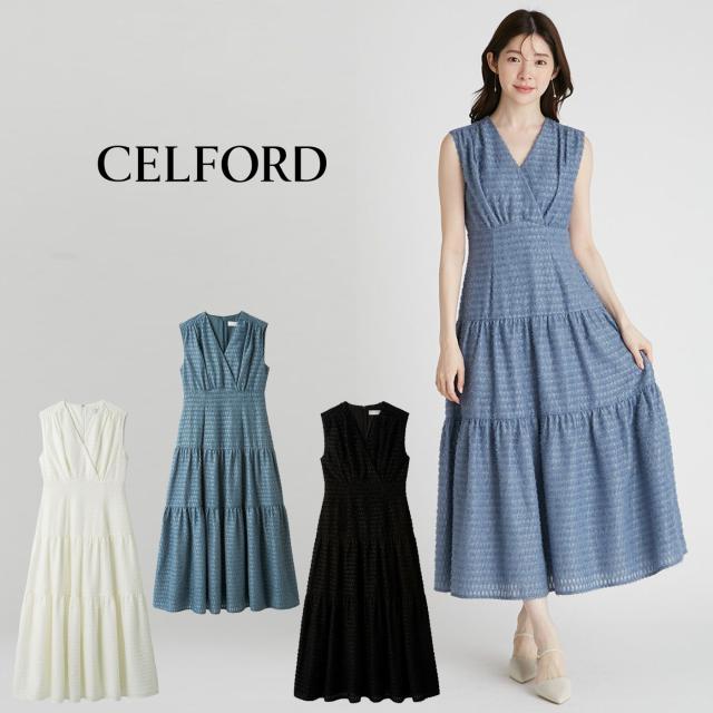 セルフォード CELFORD チドリカットジャガードワンピース cwfo254080 レディース ロングワンピース 千鳥柄 カシュクール ティアード ノースリーブ ドレス 2025秋