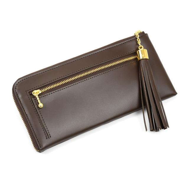 タッセルウォレット スムースレザー D-BROWN 日本製 長財布 L字ファスナー 外ポケット付き 外側 小銭入れ 本革 財布 レディース 革 レザー 薄い 薄型 使いやすい YKK 長サイフ ロングウォレット Tassel Wallet タッセル チャーム 送料無料 NNW02 ブラウン