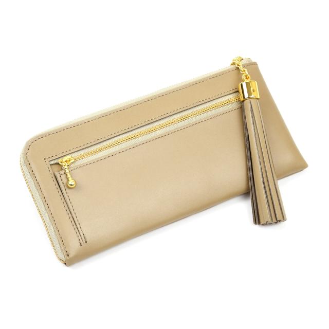 タッセルウォレット スムースレザー L-GRAY 日本製 長財布 L字ファスナー 外ポケット付き 外側 小銭入れ 本革 財布 レディース 革 レザー 薄い 薄型 使いやすい YKK 長サイフ ロングウォレット Tassel Wallet タッセル チャーム 送料無料 NNW02 グレージュ