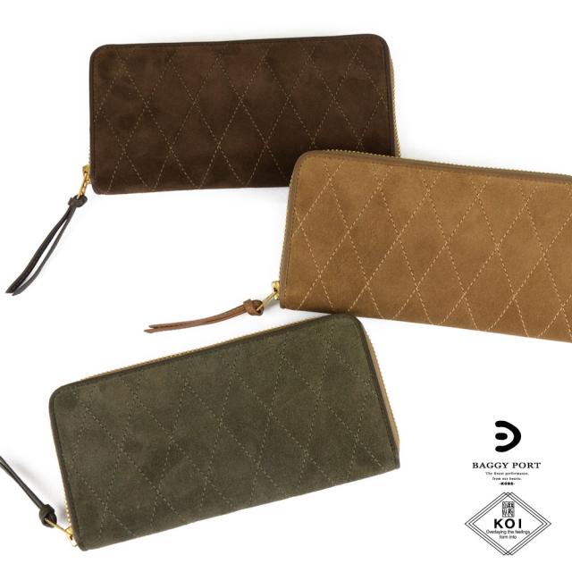 長財布 ラウンドファスナー ヤヌスカーフ メンズ 大容量 KZKM100 BAGGY PORT カード20枚収納 銀付きスエード ダイヤモンドキルティング 送料無料 バギーポート KOI コーアイ マチあり3室  本革 カーフスエード 仕分け やりくり財布 プレゼント ギフト
