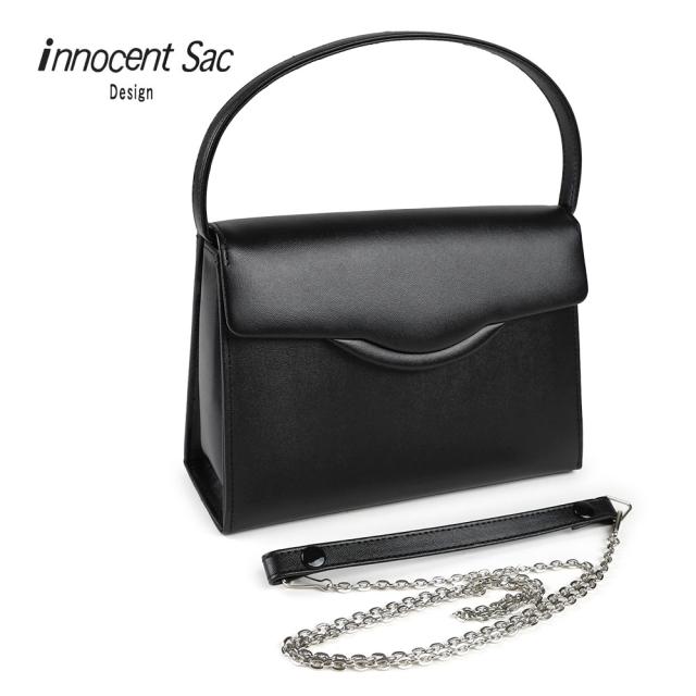 ブラックフォーマルバッグ 本革 レディース 日本製 ハンドバッグ ショルダーバッグ 2Way 3Wayバッグ クラッチバッグ シルバーチェーン シルバー金具 フラップ スクエア innocent Sac イノセントサック 冠婚葬祭 慶弔 姫路レザー 牛革 国産 黒色 女性用 婦人用