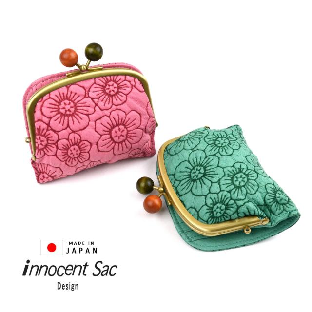 がま口財布 二つ折り財布 がま口 がまぐち ハーフウォレット 丸木玉 花柄 型押し  レザー 本革 日本製 レディース innocent Sac イノセントサック Flower