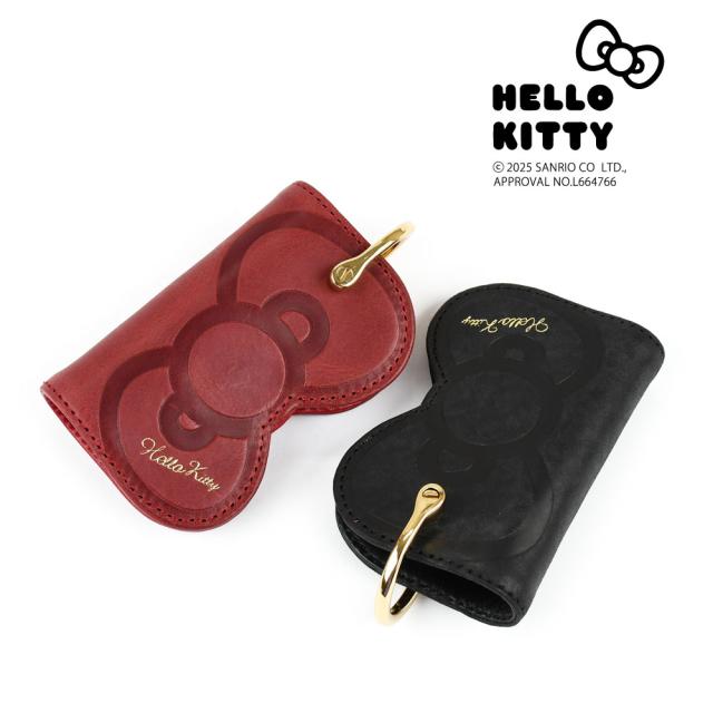 HELLO KITTY ハローキティ キーケース KEY RIBBON リボン型 レディース 本革 レザー 牛革 リボンシリーズ 3連 シャックルキーホルダー Dカン コンパクト キティちゃん キティちゃんグッズ サンリオキャラクターズブラック レッド 使いやすい 型押し 経年変化