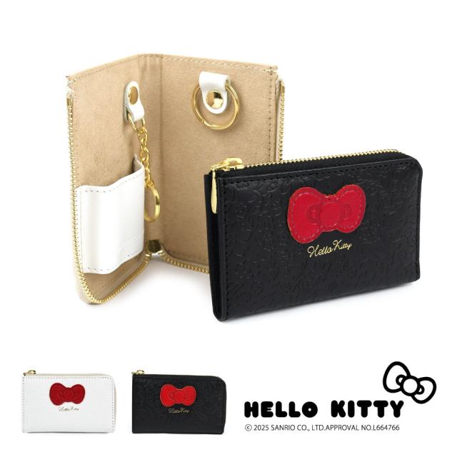 HELLO KITTY ハローキティ キーケース スマートキーケース キーチェーン キーリング KEY RIBBON レディース 本革 レザー 牛革 リボン L字ファスナー コンパクト キティちゃん キティちゃんグッズ サンリオキャラクターズ ブラック ホワイト 使いやすい 型押し ボタニカル柄