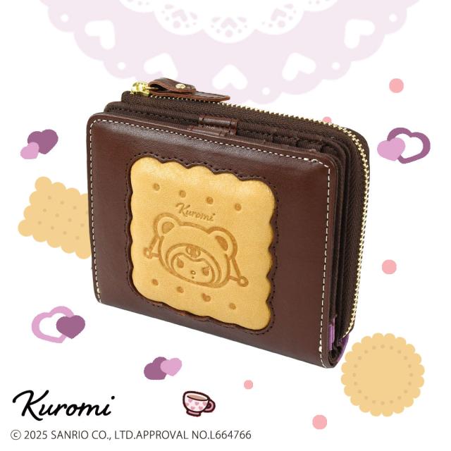 二つ折り財布 レディース レザー KUROMI クロミ BISCUIT ビスケット 本革 小銭入れ 外側小銭入れ L字ファスナー 牛革 機能的 使いやすい 型押し コンパクト クロミちゃん クロミグッズ サンリオキャラクターズ 11332 ナダヤ