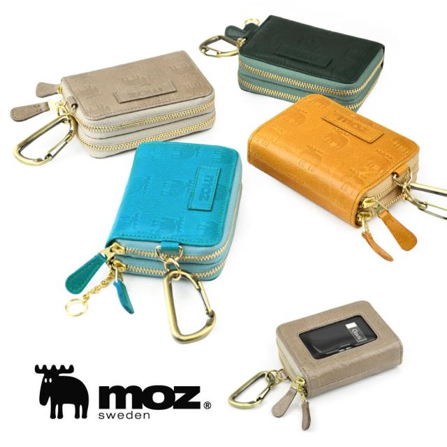 moz モズ スマートキーケース レディース メンズ クリア窓付き ダブルポケット ラウンド型 4連 Wファスナー 型押し カウレザー 牛革 キーケース 窓 カラビナ YKK ...
