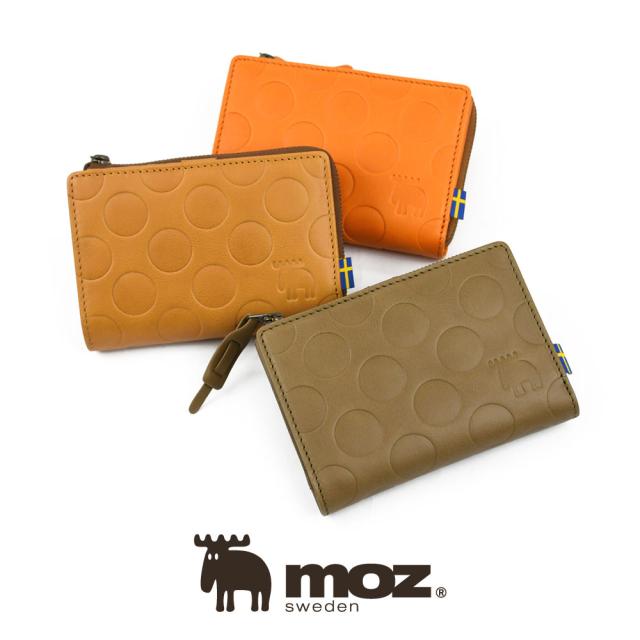 moz モズ 二つ折り財布 レディース 本革 大容量 ミドルウォレット L字ファスナー 小銭仕切り カードがたくさん入る 外側小銭入れ YKK dot ドット 水玉模様 Elk エルク 型押し 使いやすい 北欧 牛革 経年変化 スウェーデン sweden ヘラジカ 86045