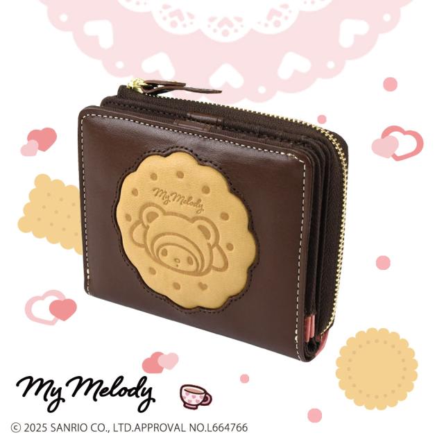 二つ折り財布 レディース レザー My Melody マイメロディ BISCUIT ビスケット 本革 小銭入れ 外側小銭入れ L字ファスナー 牛革 機能的 使いやすい 型押し コンパクト メロディちゃん マイメロディグッズ サンリオキャラクターズ 11331 ナダヤ