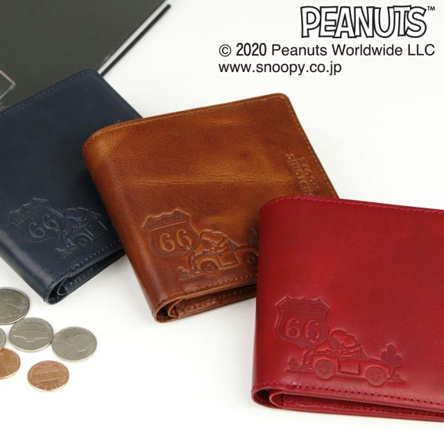 スヌーピー 財布 二つ折り財布 PEANUTS HISTORIC ROUTE ROUTE66 本革 牛革 日本製