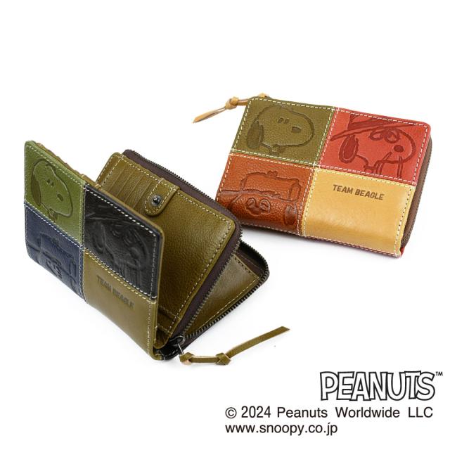 スヌーピー 二つ折り財布 外側小銭入れ メンズ レディース 本革 カードがたくさん入る TEAM BEAGLE チームビーグル カラフル パッチワーク SNOOPY PEANUTS ピーナッツ 牛革