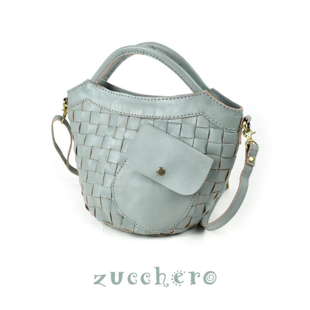 2wayバッグ ショルダーバッグ ハンドバッグ 斜め掛け 本革 丸底 レディース イントレチャート Zucchero ズッケロ レザー バケツ型 編み込み メッシュ ヌメ革 ナチュラル きれいめ クール ブルーグレー くすみブルー グレイッシュブルー