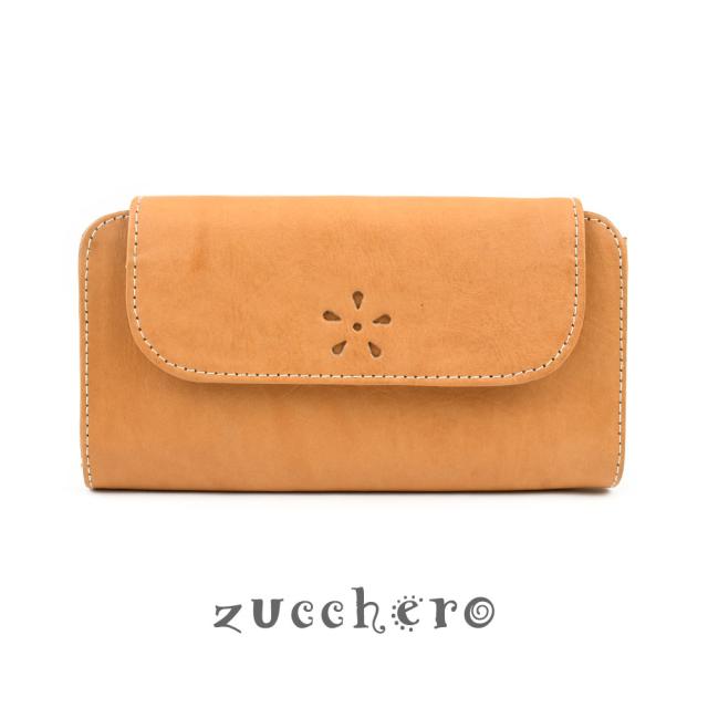 長財布 フラップ かぶせ やりくり財布 家計 仕分け 2層式 2way 大容量 カードがたくさん入る L字ファスナー 小銭仕切り zucchero ズッケロ パンチング フラワー 花 シンプル ナチュラル GARNET ガーネット フルベジタブルタンニン鞣し ヌメ革 本革 レディース レザー 49964
