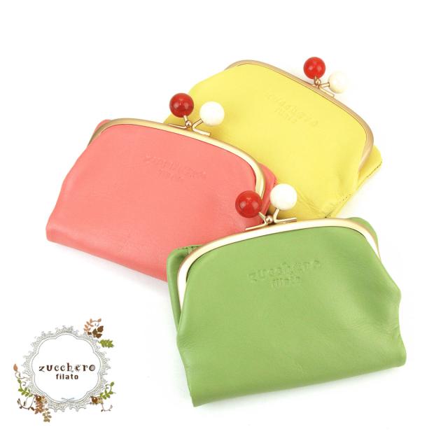 がま口財布 二つ折り財布 ハーフウォレット レディース 本革 がまぐち アクリル玉 日本製 水玉生地 Zucchero filato ズッケロフィラート ドット柄 レザー 経年変化 メイドインジャパン