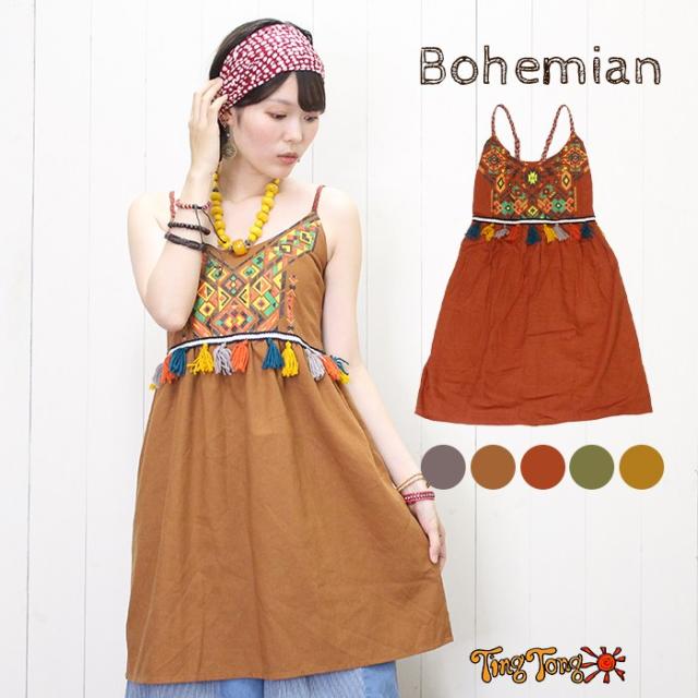 キャミソール ワンピース ノースリーブ 前面プリント レディーストップス ！トライバル プリント ヒッピー チュニックワンピ ボヘミアン フォークロア エスニック ナチュラル 夏