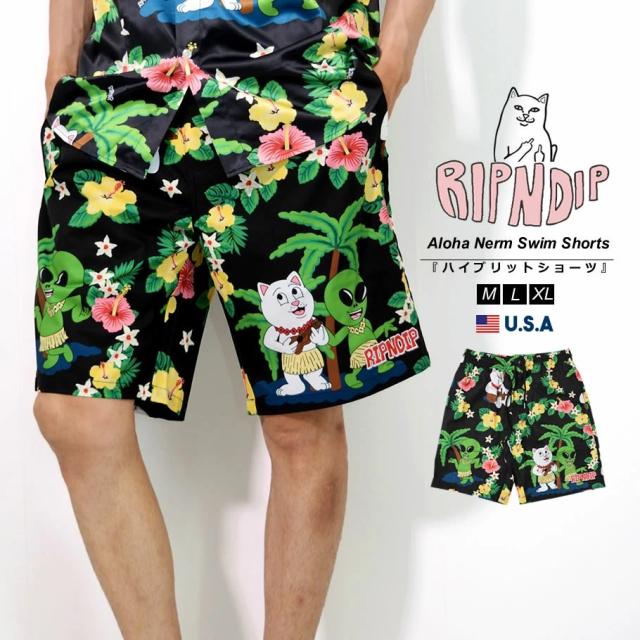 メール便送料無料 RIPNDIP リップンディップ ボートショーツ 水着 メンズ 総柄 スケート ブランド ストリート系 おしゃれ Aloha Nerm Swim Shorts ブラック