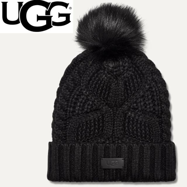 送料無料 アグ ニット帽 10089(100819) Black ケーブル ビーニー ウィズ ポン ニット  帽子 レディース UGG