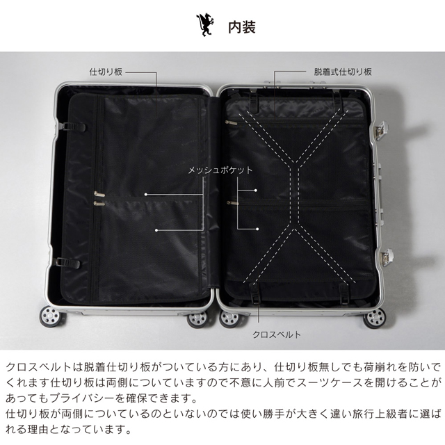 アルミ  スーツケース M サイズ キャリーケース フレーム Wキャスター c-1912 中型 シルバー ブラック《グリフィンランド》