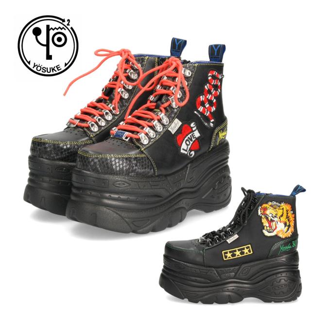 ヨースケ スニーカー yosuke shoes レディース 2601142 靴 ワッペン付き厚底スニーカ 3E ハイカット レースアップ 安定感