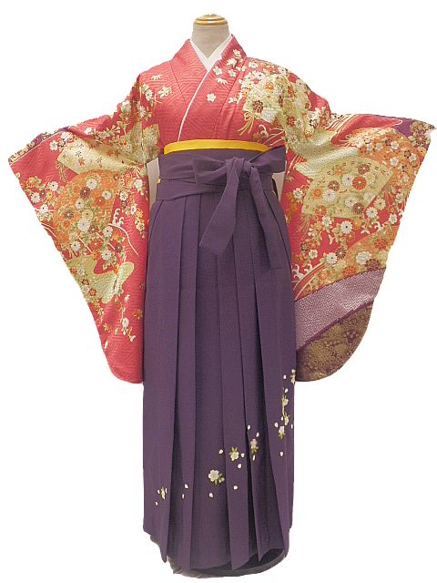 【レンタル】　往復送料無料 全部揃って安心 レンタル 小学生 大学生 卒業式 袴 レンタル 袴 卒業式袴セット 小学生 袴女児 女の子 小学生 袴 セット 小学生 卒業式 袴 レンタル 女の子 小学校 卒業式 着物 赤地 扇子 小菊 紅葉 柄No.K-334
