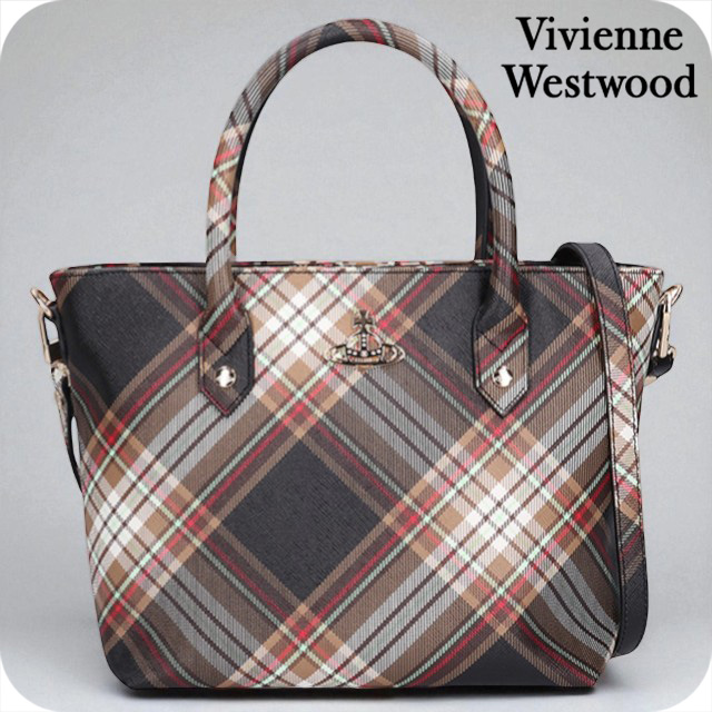 ヴィヴィアン ウエストウッド ハンドバッグ レディース ブランド Vivienne Westwood ダービー ロゴ 2WAY 4204007TU D101 TARTAN BROWN BLACK バッグ ビビアン 軽量 小さめ 手提げ 高級 おしゃれ プレゼント 女性 実用的 かわいい