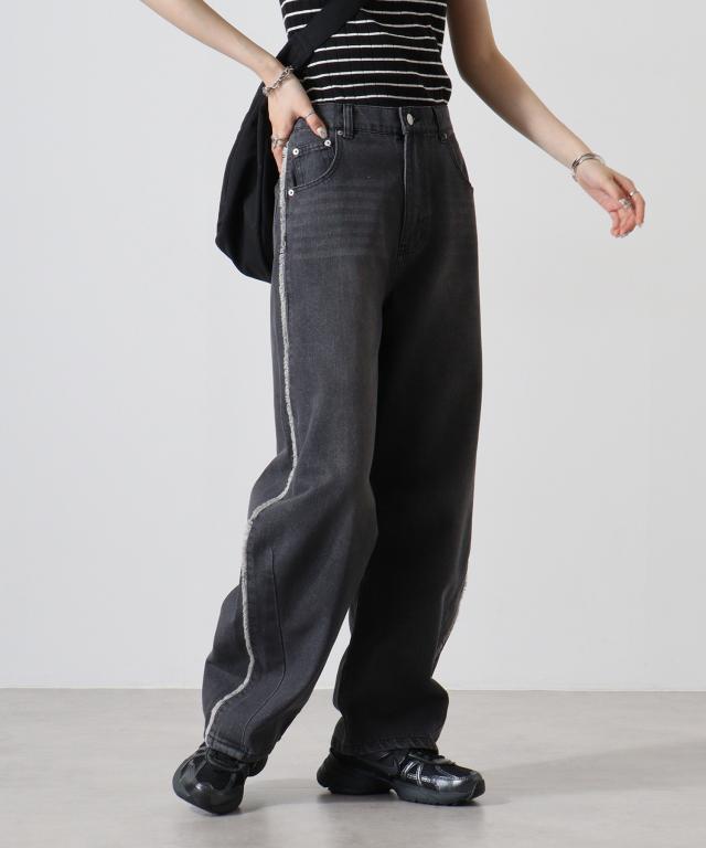 秋新作 デニムサイドフリンジカーブパンツ ボトムス ズボン ロングパンツ カーブパンツ コクーンパンツ レディース 秋 冬