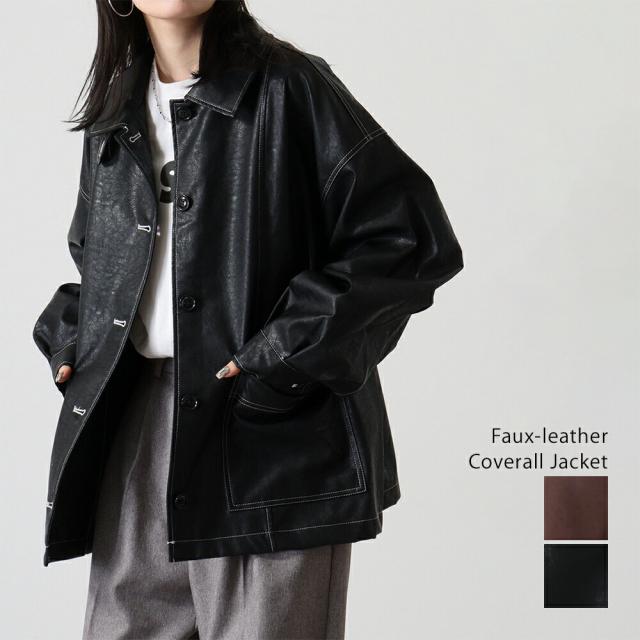 秋新作 大きいサイズ レディース フェイクレザージャケット 配色ステッチ カバーオール ジャケット オーバーサイズ トップス アウター コート 韓国ファッション カジュアル ヴィーガンレザー 軽い 軽量 レザー 合皮 本革風 M L LL 3L 4L 春服 秋新作
