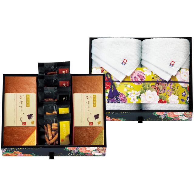 匠菴謹製 ミニたんす御進物 ほまれ かすてぃら＆今治産たおる HMKF-HJ3 B134-026 ラッピング無料 のし無料 メッセージカード無料 ギフト 詰め合わせ 和菓子 カステラ 今治タオル ギフトセット 内祝い 内祝 御礼 快気祝い 贈答用 贈り物 A31【沖縄県除き送料無料】