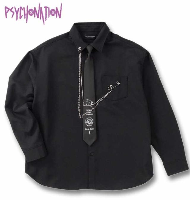 大きいサイズ PSYCHO NATION ネクタイ・チェーン付 長袖 シャツ ブラック 3L 4L 5L 6L/1277-4340-2-108