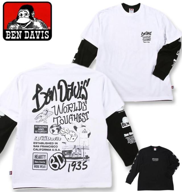 大きいサイズ BEN DAVIS 長袖T&半袖T レイヤード Tシャツ ホワイト×ブラック 3L 4L 5L 6L/1278-4685-1-108
