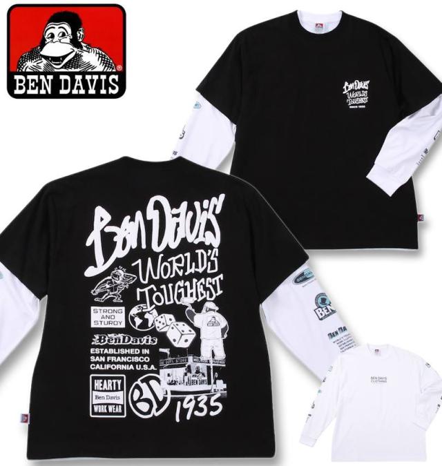 大きいサイズ BEN DAVIS 長袖T&半袖T レイヤード Tシャツ ブラック×ホワイト 3L 4L 5L 6L/1278-4685-2-108
