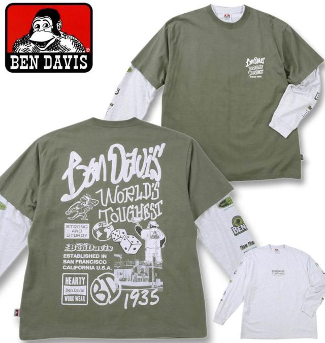 大きいサイズ BEN DAVIS 長袖T&半袖T レイヤード Tシャツ カーキ×アッシュ 3L 4L 5L 6L/1278-4685-3-108