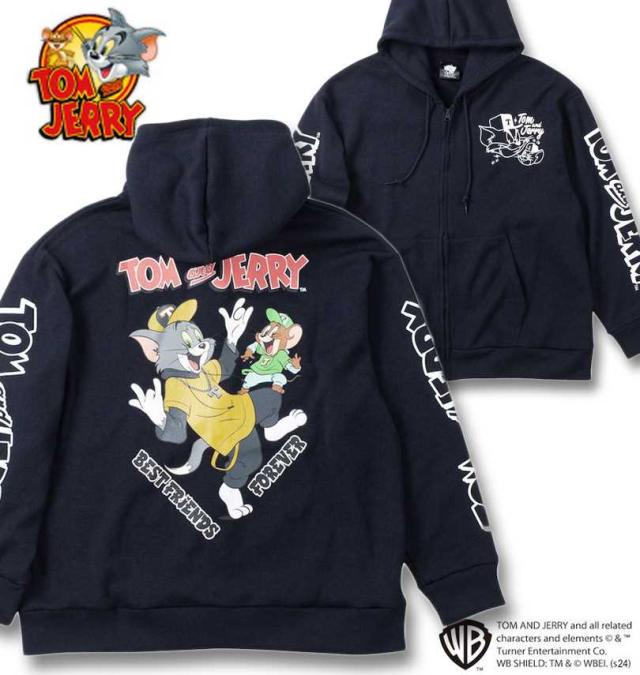 大きいサイズ TOM and JERRY ニットフリース プリント フルジップ パーカー ネイビー 3L 4L 5L 6L/1278-4636-1-110