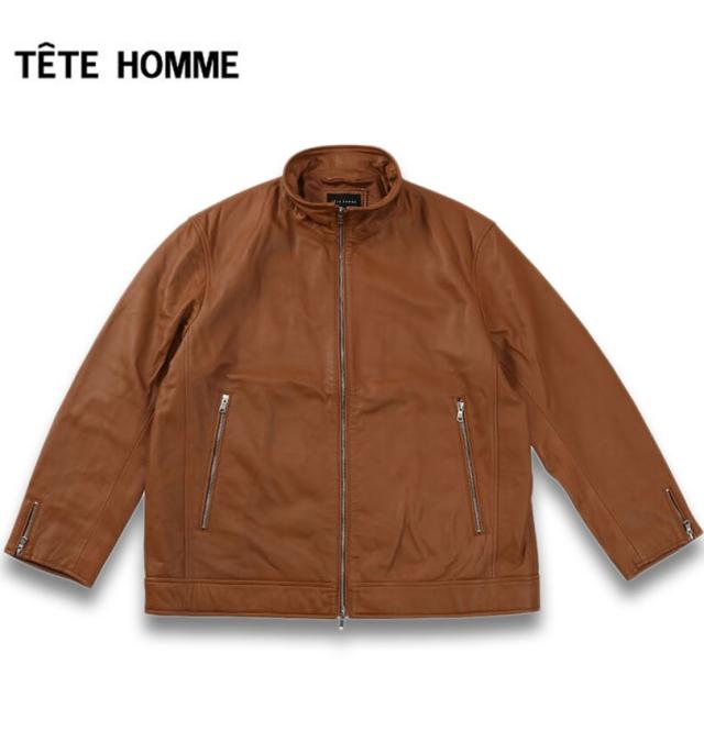 大きいサイズ TETE HOMME スタンドカラー レザーブルゾン キャメル 3L 4L 5L 6L/1273-5357-1-720