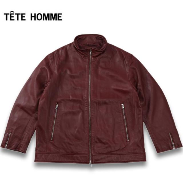 大きいサイズ TETE HOMME スタンドカラー レザーブルゾン ワイン 3L 4L 5L 6L/1273-5357-4-720