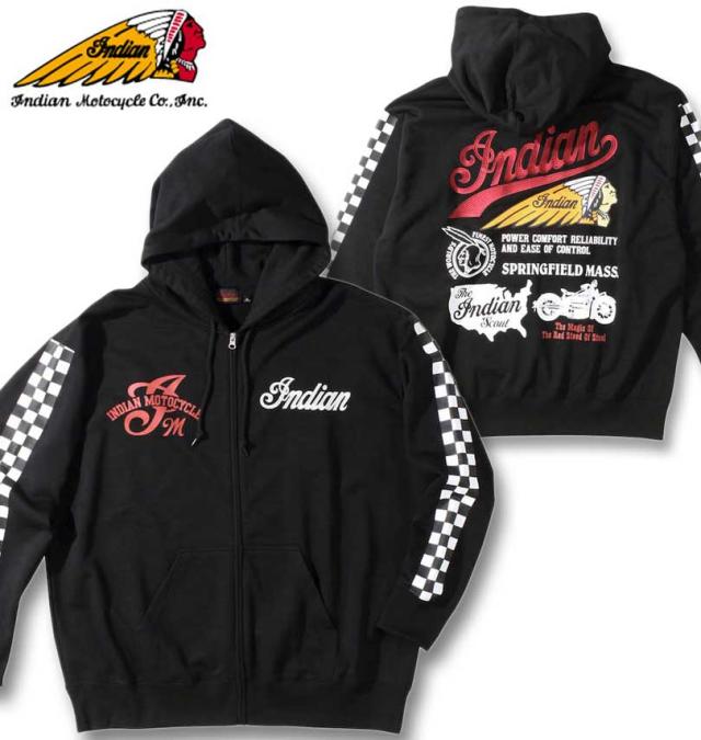 大きいサイズ INDIAN MOTOCYCLE 裏毛刺繍&プリントフルジップパーカー ブラック 3L 4L 5L 6L/1278-3346-2-128
