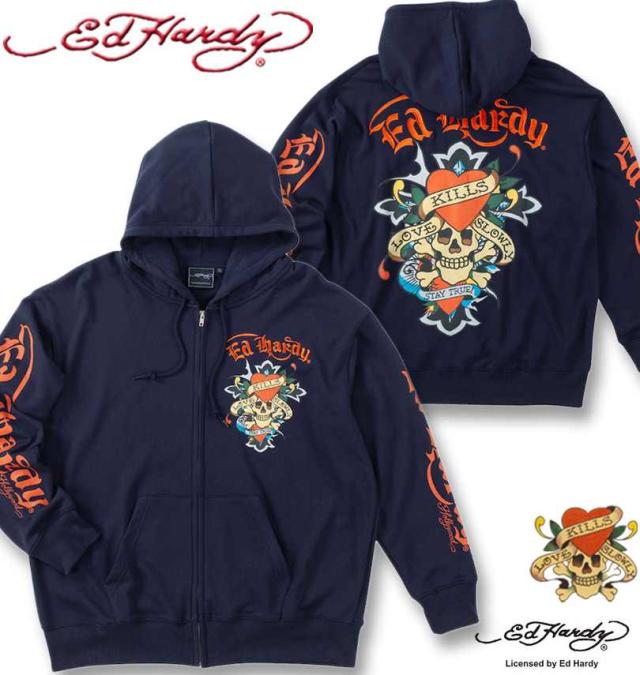 大きいサイズ Ed Hardy 裏毛 刺繍&プリント フルジップ パーカー ネイビー 3L 4L 5L 6L/1278-4641-1-138