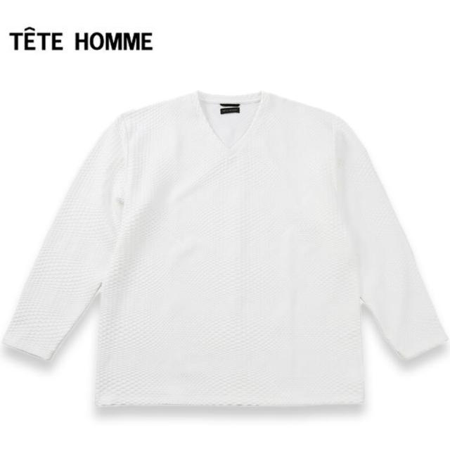大きいサイズ TETE HOMME ブリスタージャガード Vネック 長袖 Tシャツ ホワイト 3L 4L 5L 6L/1278-5645-1-148